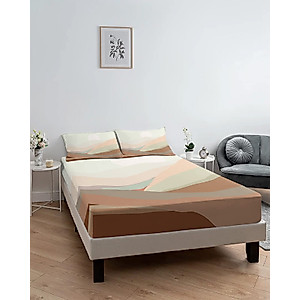 Abstract Painting Mountain Scene Fitted Bed Sheets Full Size Fit 5-16inch Deep Pockets,Luxury Bottom Sheet Bedding Set with Pillow Case,Minimalist Natural Hill Sunset Fitted Sheet for Mattress