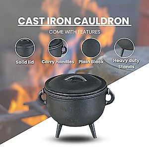 Cast Iron Cauldron with Lid and Carry Handle for Spells, Smudging, Ritual & Blessings | Includes 6 Free Incense Smudge Cups (4.5 Inch, Black)