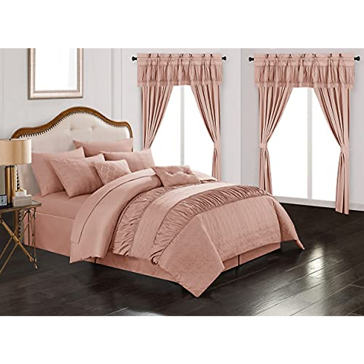 Chic Home Mykonos 20 Piece Comforter Set Striped Ruched Ruffled Embossed Bag Bedding, Queen, Coral