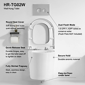 HOROW Wall Hung Toilet HR-TG02W, Compact Wall Mounted Toilet with Soft Closing Seat, 1.6 GPF/1.1 GPF Dual Flush Ceramic Round Wall Toilet for Bathroom, White Toilet Bowl