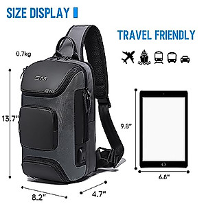 SMONT Sling Bag for Men, Anti Theft Waterproof Chest Shoulder Bag with USB Charging Port Grey
