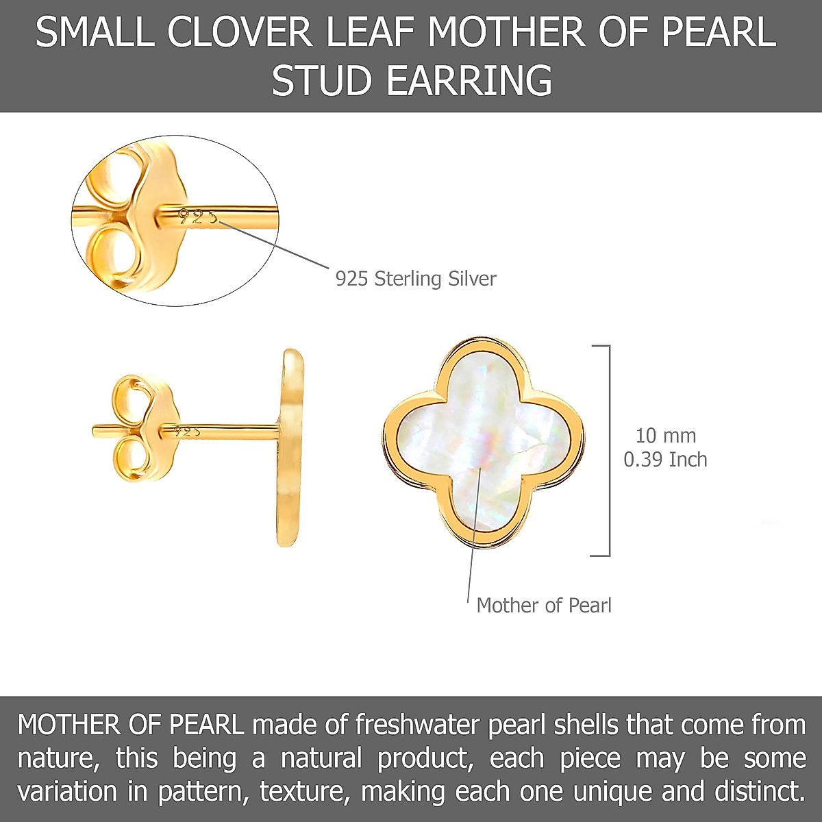 LeCalla 925 Sterling Silver Stud Earrings | 14K Gold-Plated Jewelry | Mother of Pearl Clover Leaf Stud Earring | Small Lightweight MOP Stud Earring for Women - 10mm