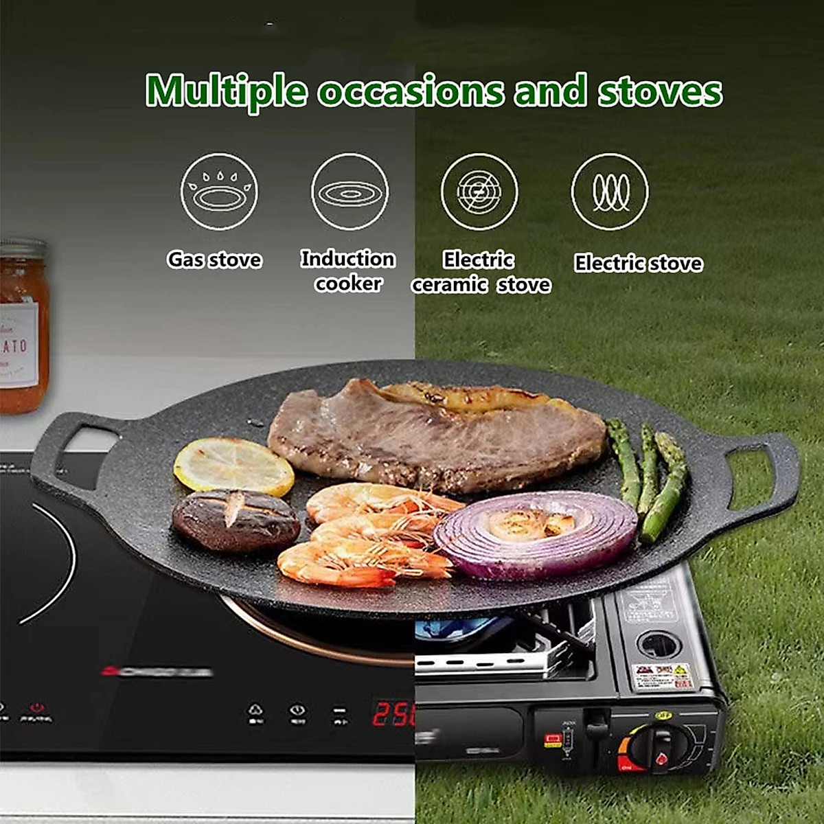 IFASHIHOME Korean Style BBQ Grill Pan,13" Non-stick Smokeless Circular Grill Pan with Silicone handle,Medical Stone Coated Barbecue Stovetops Frying Pan for Indoor Outdoor Camping baking Pan