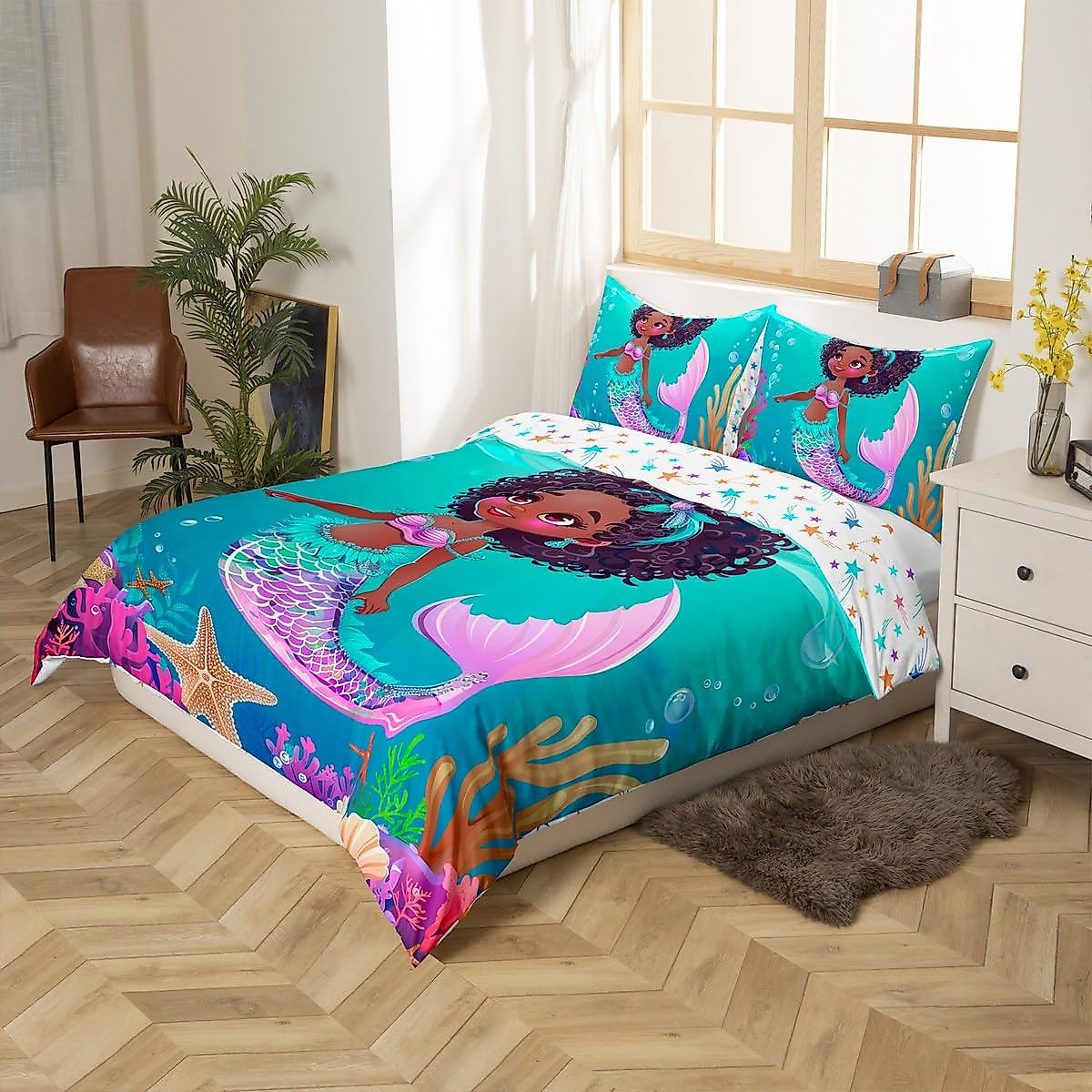 Erosebridal Black Mermaid Comforter Cover Twin Black Princess Girl Bedding Set Cute Ocean Mermaid Bed Set for Little Girls American African Duvet Cover Marine Life Room Decor 1 Pillow Case