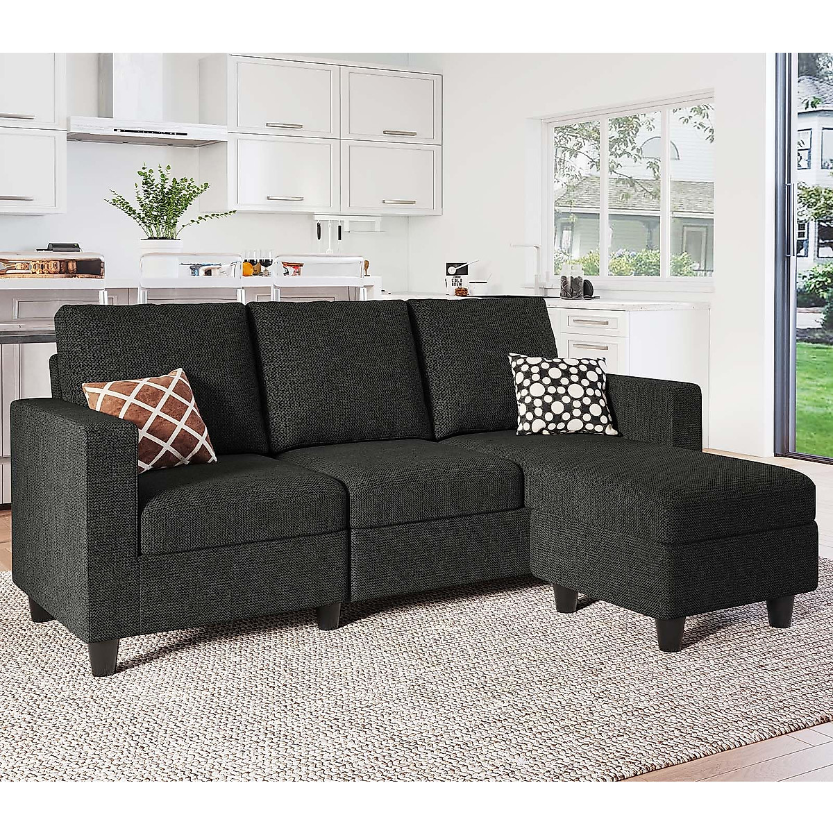 Belffin L Shaped Couch, Convertible Sectional Sofa with Linen Fabric, Modern Couch with Reversible Chaise for Living Room and Small Space, Dark Grey