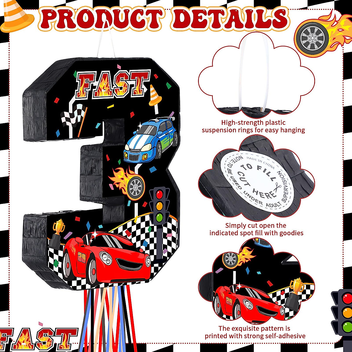 Race Car Number Pinata Girl Pull String Fast Pinata Small Racing Theme Pinata with Blindfold Stick Confetti for Boys Birthday Decorations Party Supplies (Number 3)