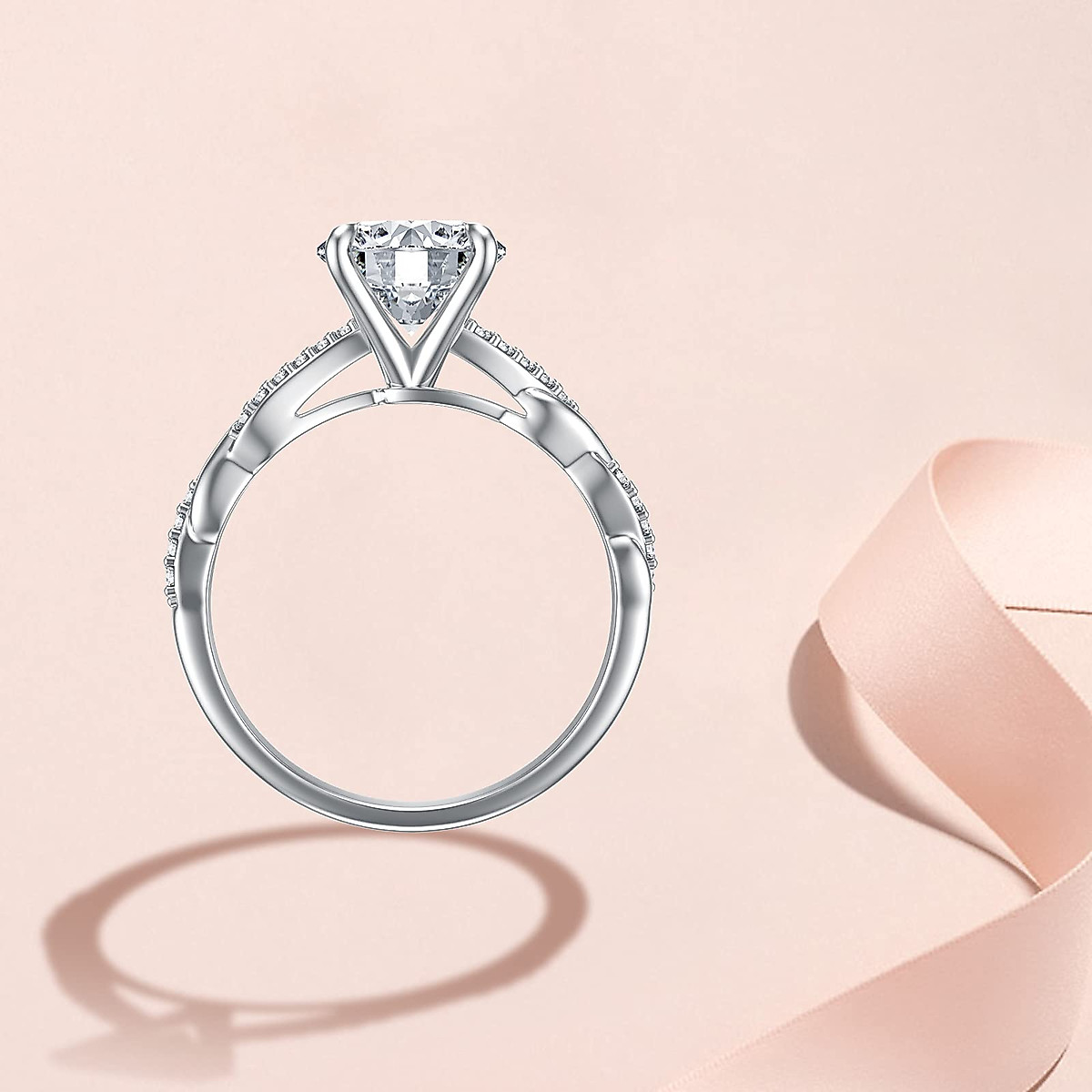 FENCCI 10K 14K 18K Gold Personalized Moissanite Twisted Engagement Wedding Ring for Women Simulated Diamond Promise Bridal Ring (White Gold)