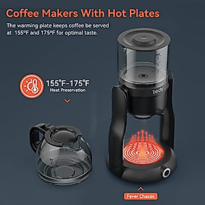 Tredy 2-Cup Coffee Maker, One Touch Automatic Drip Coffee Machine with Removable Water Reservoir, Glass Carafe, Automatic Shut Off & Warm Plate for Home Office(480ML/16OZ)