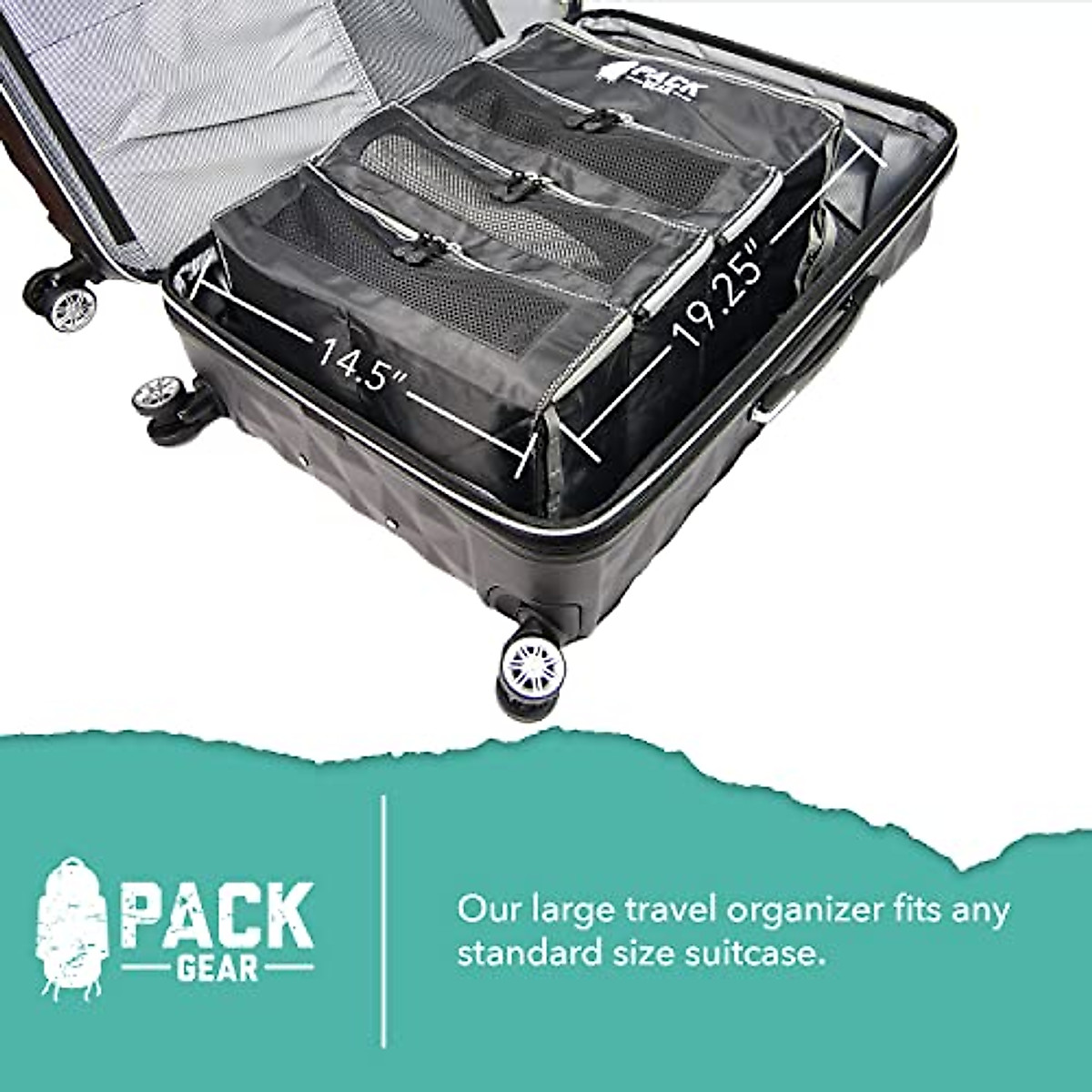 Pack Gear Suitcase Organizer | Pack More in your Large or Carry On Luggage | Unpack Instantly with these Compression Packing Cubes for Suitcases | Hanging Shelf Organizer for Closet (Black) (Medium)