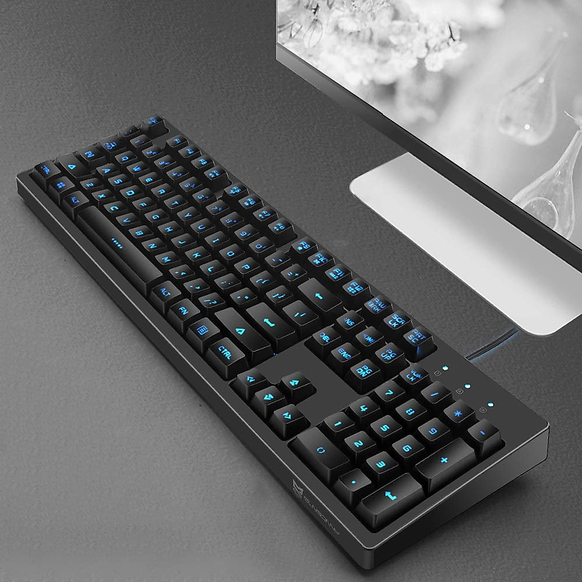 Basaltech Mechanical Feeling Keyboard with LED Backlit, 104-Key Quiet Membrane Keyboard for Gaming or Office, Ergonomic Silent Water-Resistant Light Up Wired USB for Computer,Mac,Laptop