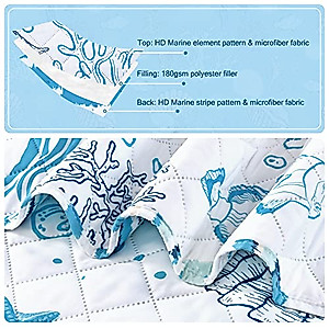 FRAMICS 3-Piece King Size Reversible Quilt Set Summer Quilt Lightweight Ocean Quilts Beach Bedspread Coverlet Blue Coral Conch Seashell Coastal Bedding for All Season(1 Quilt, 2 Pillow Shams)