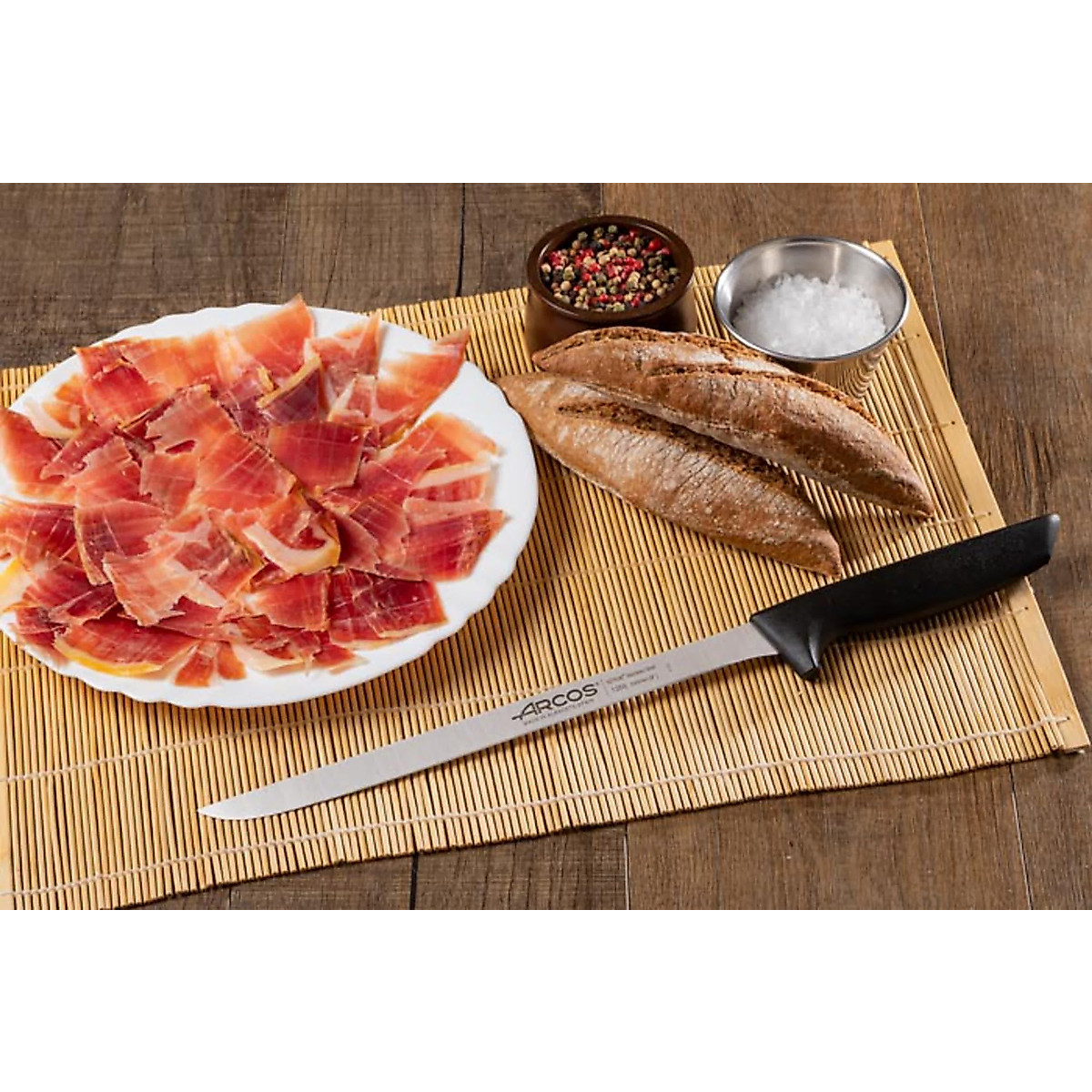 ARCOS 2 Piece Carving Knife Set. Ham Slicer Knife and Chaira Sharpener in Stainless Steel with Ergonomic Polypropylene Handle. Series Niza. Color Black