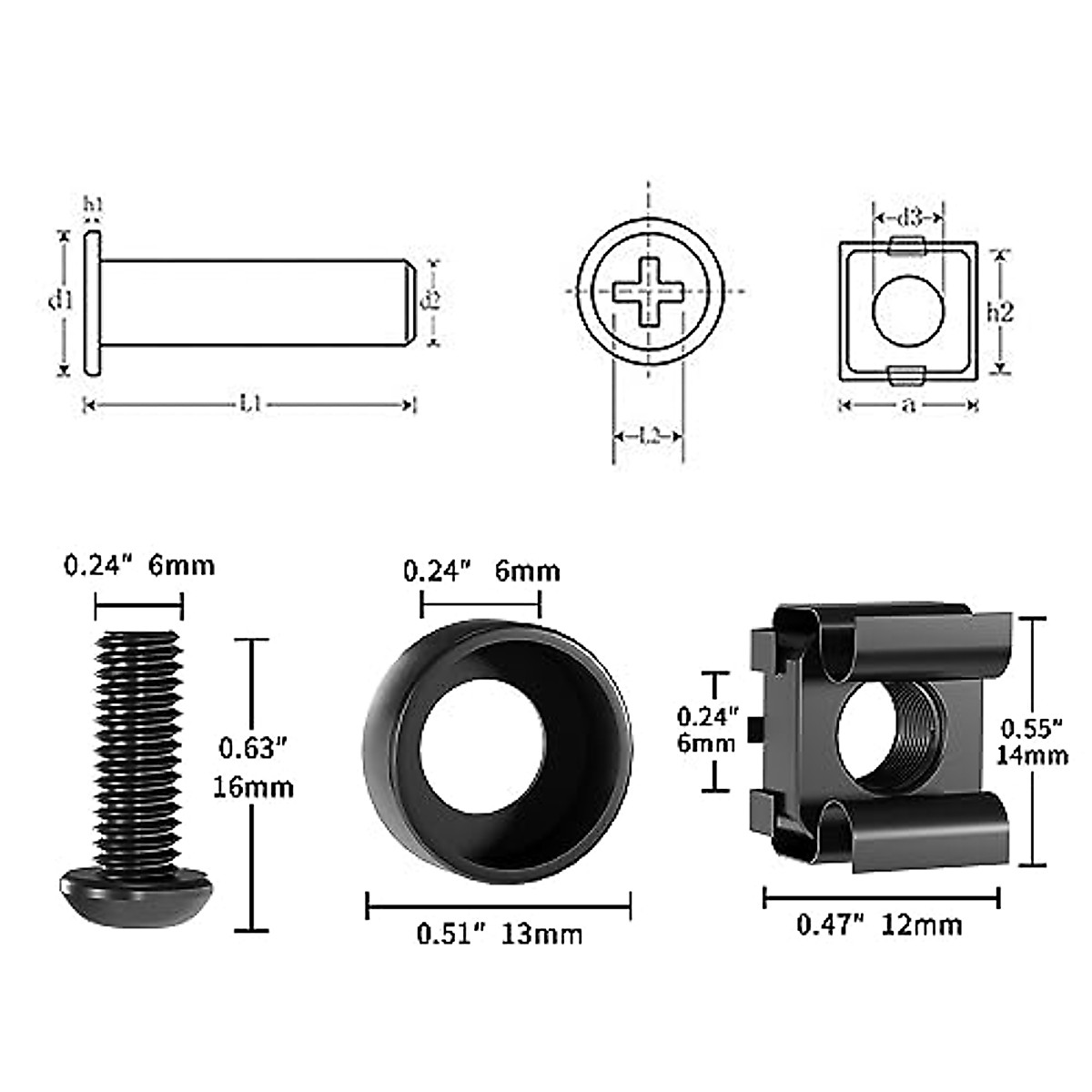 M6 x 16mm Rack Mount Cage Nuts, Screws and Washers for Rack Mount Server Cabinet, Rack Mount Server Shelves, Routers, 50 PACK Rack Mount Screws and Square Insert Nuts, Self-Locking Cable Ties for Free