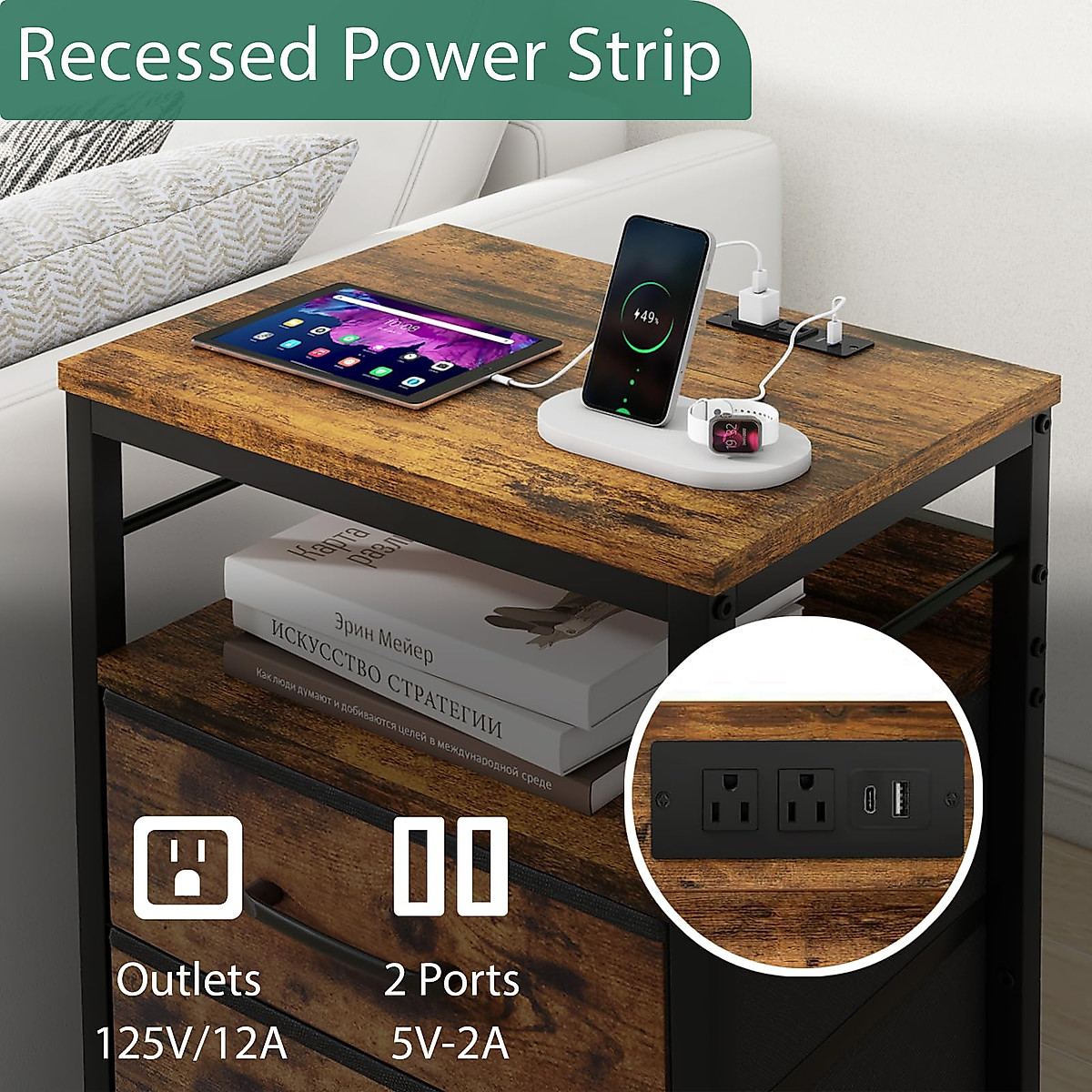 IBUYKE Nightstand with Charging Station,Side Table with Fabric Drawers, Bedside Table with USB Ports and Outlets, End Table for Bedroom, Living Room, Rustic Brown UTNS001H