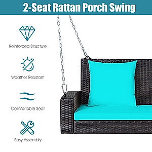 Tangkula 2-Person Wicker Hanging Porch Swing, Patiojoy Outdoor Rattan Swing Bench W/ 2 Back Cushions & 1 Seat Cushion, Sturdy Steel Chain, 800lbs Weight Capacity, Suitable for Deck, Backyard, Garden