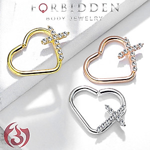 Forbidden Body Jewelry Platinum Plated Heart w/CZ Cross Daith & Cartilage Hoop Earring (Right Ear)