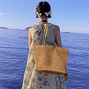 Crbeqabe Straw Beach Tote Bag for Women Large Woven Shoulder Handbag Straw Bag for Summer Beach Vocation