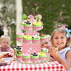 Pink Farm Animals Cupcake Stand 3 Tiers Farm Birthday Party Tower Barnyard Party Stand Holder Farm Animals Party Decorations for Farmhouse Baby Shower Supplies
