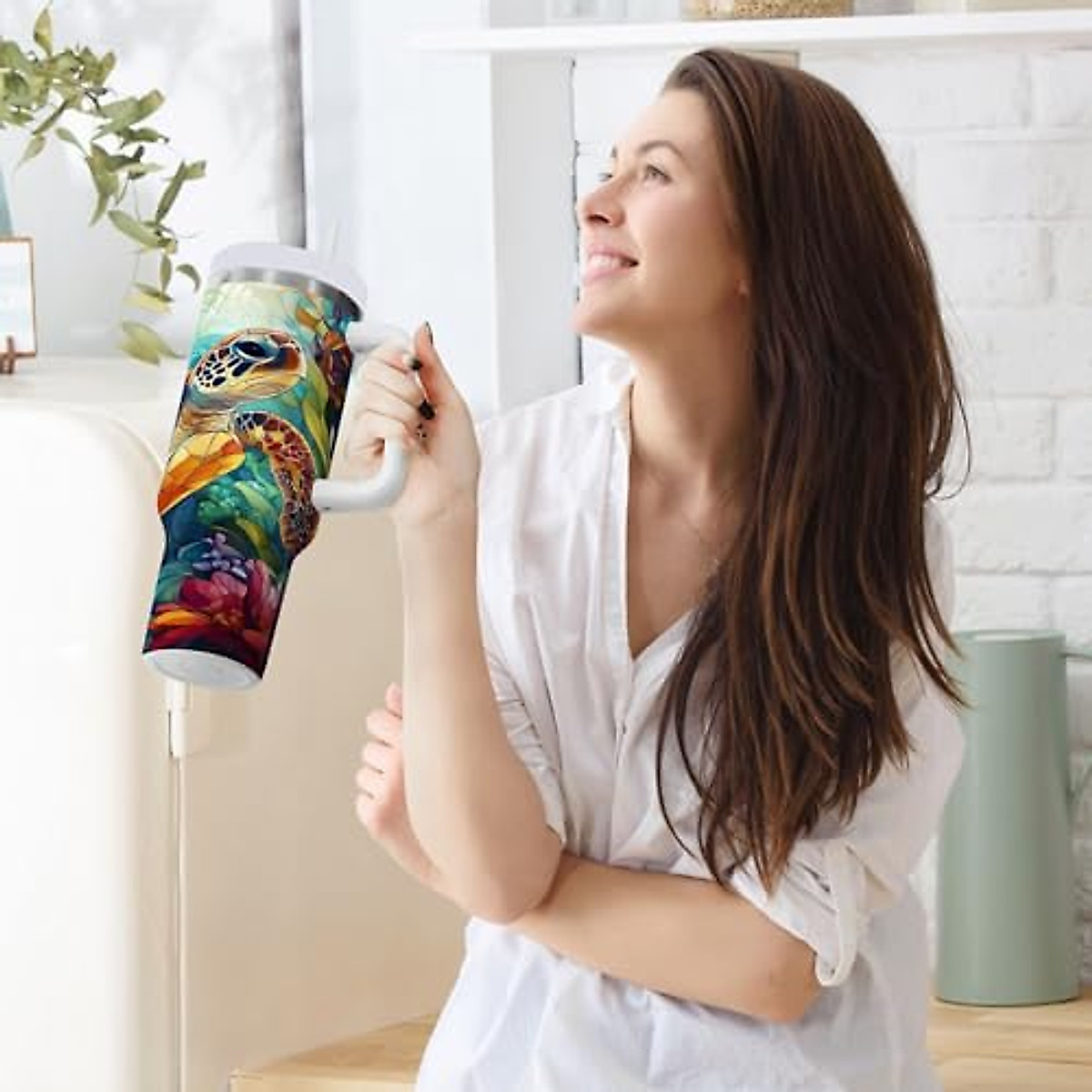 Slewiaeky Tumbler with Handle 40 oz Lovely Tortoise Turtle Travel Mug with Lid and Straw Ocean Stainless Steel Vacuum Insulated Water Bottle Cup for Iced Tea Coffee Cold Beverages Cup Holder Friendly