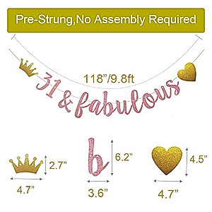 31 & Fabulous Banner, Pre-Strung, No Assembly Required, Funny Rose Gold Paper Glitter Party Decorations for 31st Birthday Party Supplies, Letters Rose Gold,ABCpartyland