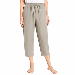 Weintee Women's Linen Crop Pants Capris with Pockets 2X Dark Khaki