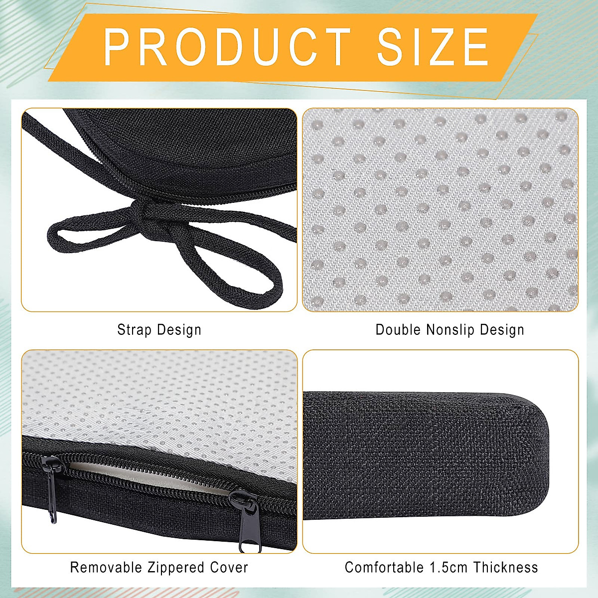 Qunclay 8 Pack Black Chair Seat Cushions Pads for Dining Chairs, Soft Foam Chair Cushion Pads with Ties and Washable Cover Non Slip for Room Kitchen Desk, 16 x 16.5 Inch