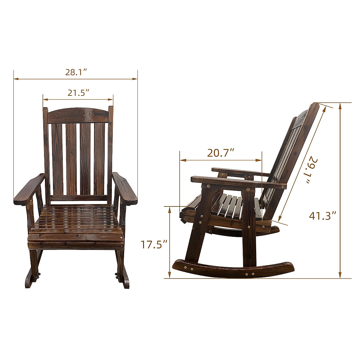 Wooden Rocking Chair with Comfortable Backrest Inclination, High Backrest and Deep Contoured Seat, Solid Fir Wood, Heavy Duty 600 LBS, for Both Outdoor and Indoor, Porch and Patio (Deep Brown)