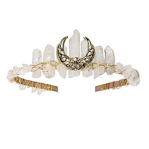 AWAYTR Moon Fairy Raw Crystal Crown - Goddess Quartz Crown Headpiece for Cosplay Wedding Party Photo Shoot Mermaid Headband Tiara for Women and Girls(White Crystal+Moon)