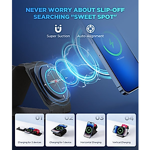 3 in 1 Fast Wireless Charger w/ 20W PD Adapter, Foldable Magnetic Charging Station for Apple Devices, Travel Charging Pad for MagSafe iPhone 15/14/13/12 Series iWatch Ultra 8 7 6 5 4 3 Airpods 3 2 Pro