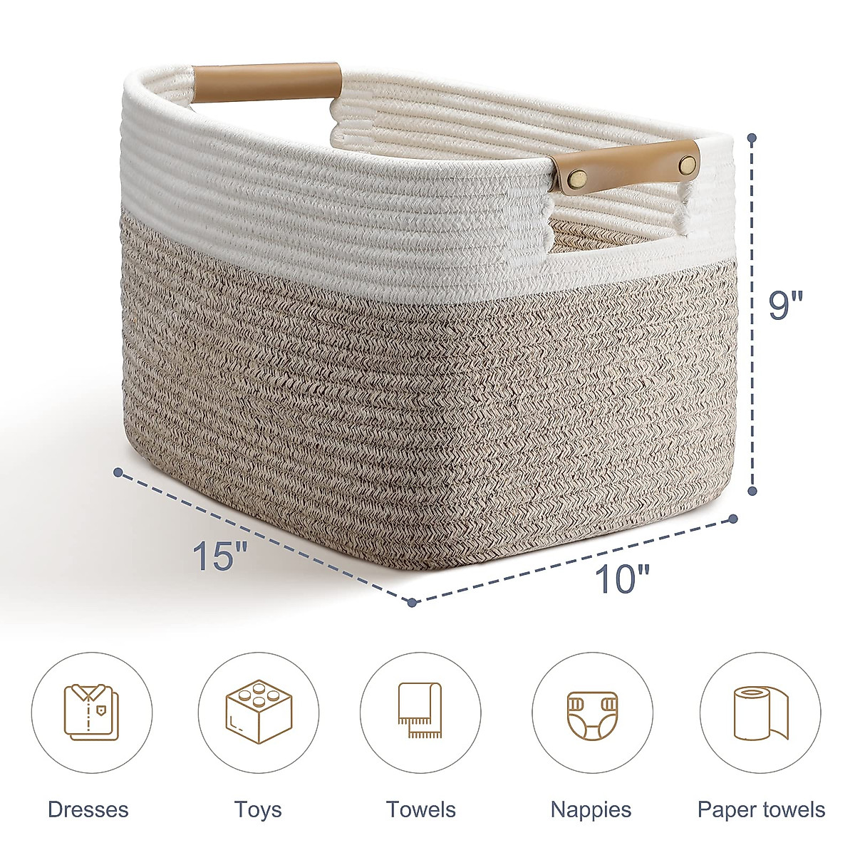 LOVSTORAGE Cotton Rope Basket for Storage, Set of 3 Storage Baskets for Organizing with Handles Woven Laundry Basket in Living Laundry Room for Blankets Toys Throws Pillows Towels 15x10x9" White/Brown