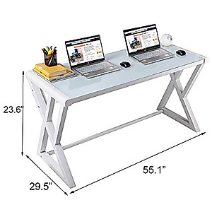 SAMERY Computer Desk, 55.1 Inch Modern Simple Office Desk Computer Table Study Gaming Writing Desk for Home Office, Glass Top/Metal Frame, Black