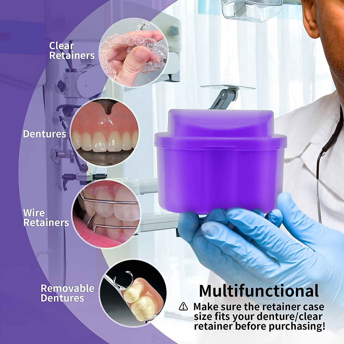 Denture Soaking Cup Dental Retainer Case Cleaning with Strainer Basket, Orthodontic Bath Box Mouthguard Storage Holder - Leak Proof and Lid Waterproof - Purple