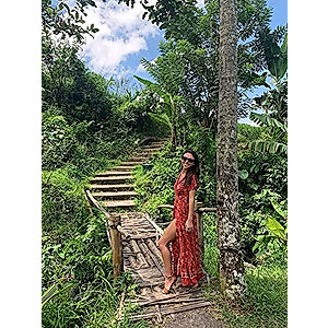 ZESICA Women's 2023 Bohemian Floral Printed Wrap V Neck Short Sleeve Split Beach Party Maxi Dress,Red2,Medium