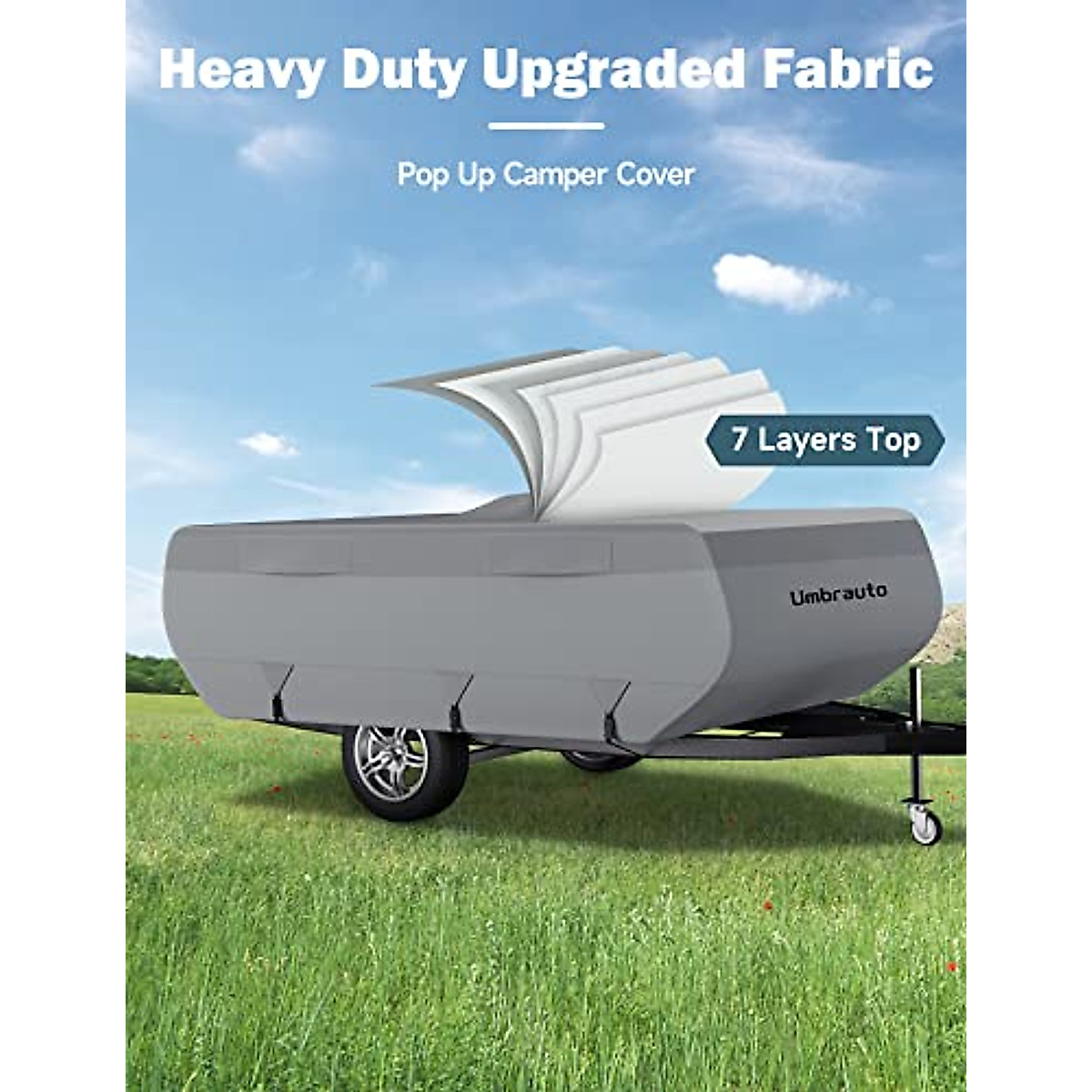 Tent Trailer Cover Umbrauto 2023 Upgraded 7 Layers Top Pop Up Camper Covers Waterproof Extra Thick Polypropylene Breathable Ripstop Anti-UV Pop Up Folding Trailer Cover Fits 10' - 12' Trailers