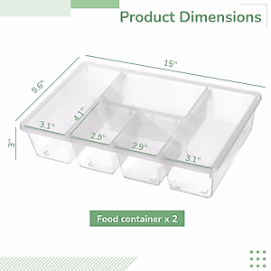 Tideme 2 Pack Divided Veggie Tray with Lid - 5 Compartment Snackle Box Containers for Fridge, Clear Refrigerator Vegetable Food Storage Plastic Organizer Bins for Snack, Fruit, Vegetable, Salad, Meat