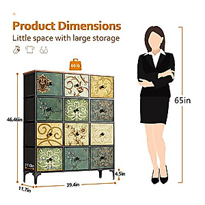 AOPSEN 12 Drawer Dresser, Tall Dressers for Bedroom with Storage Drawer, Wide Chest of Drawers for Bedroom, Wooden Top and Metal Frame, Modern Bedroom Dresser for Clothes Closet Kids Living Room