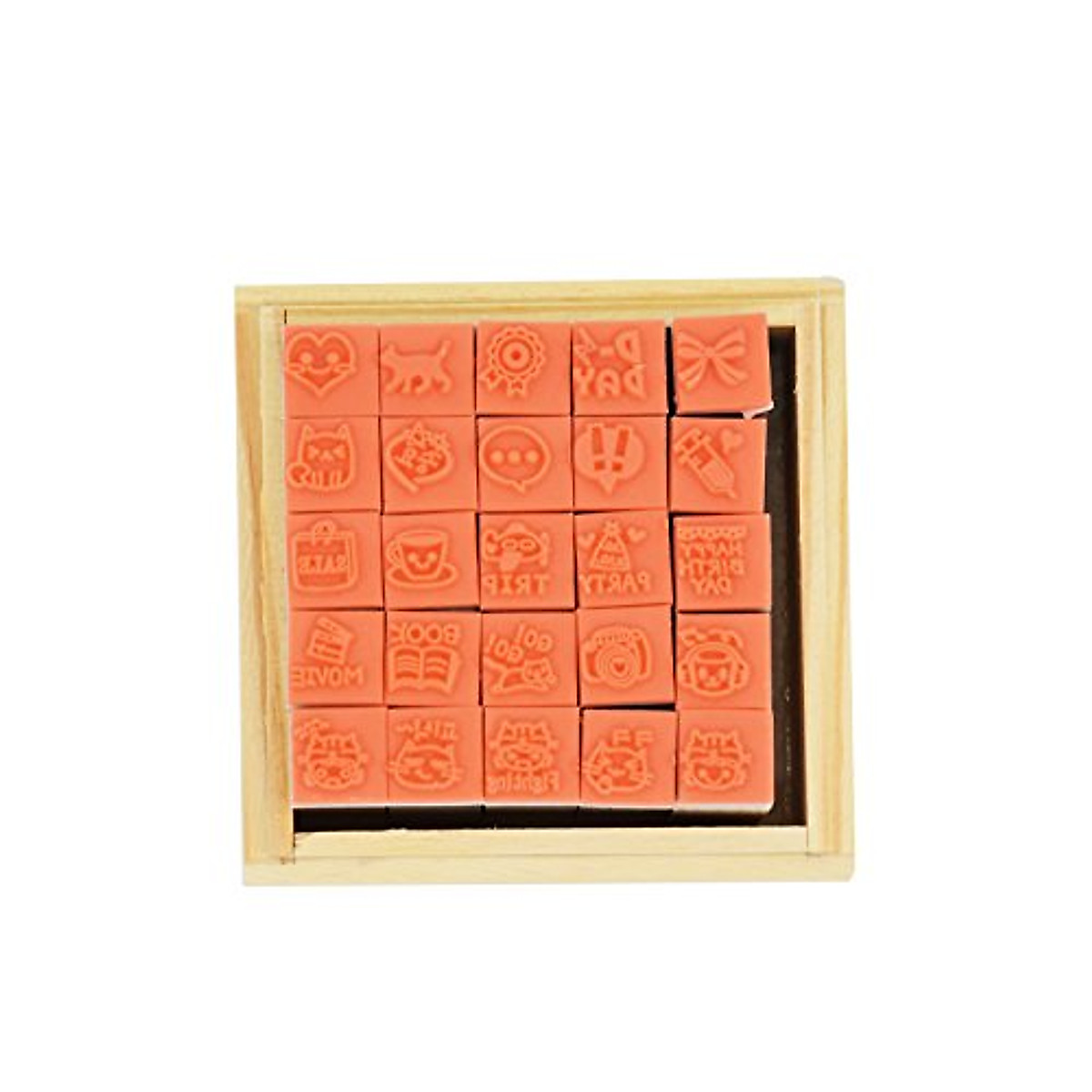 Wooden Rubber Stamps，Youkwer 25 Pcs Mini Cute DIY Diary Stamps Set with Wooden Box （Happy Life,Set of 25）