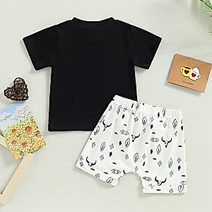 Amiblvowa Cute Western Baby Boy Summer Clothes Cow Print T Shirt Jogger Shorts Set Newborn Toddler Cowboy Country Outfit (Black Beige, 18-24 Months)