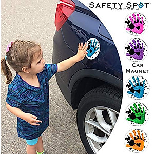 Safety Spot Magnet - Kids Handprint for Car Parking Lot Safety - White with Black Splat Background (Blue)