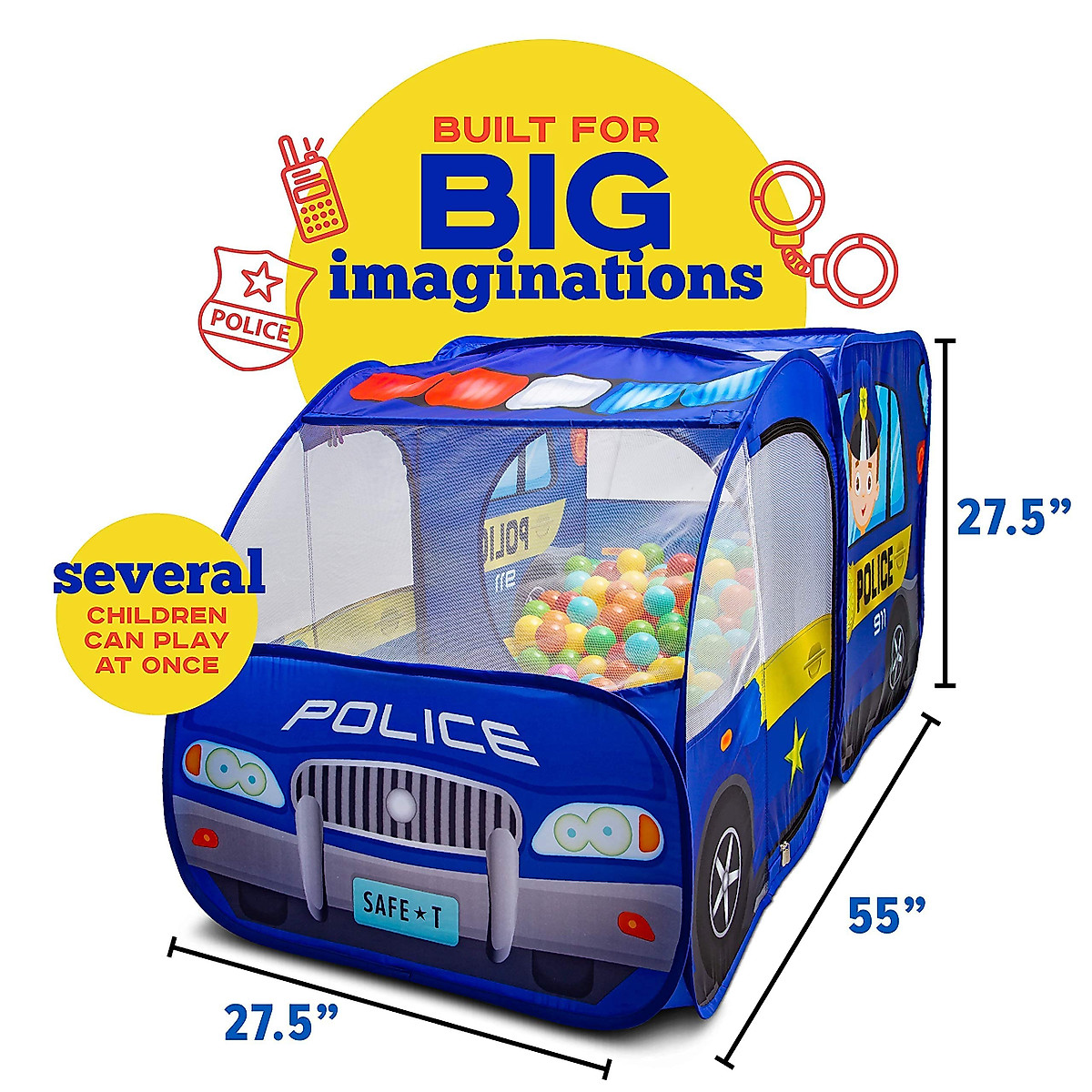 Police Car Pop Up Play Tent with Sound Button for Kids, Toddlers, Boys, Girls, Indoors & Outdoors – Playhouse for Interactive Fun - Foldable, Quick Setup Pretend Play Toys & Gift