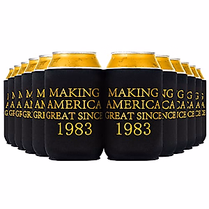 Crisky 40th Birthday Beer Sleeve, 40th Birthday Can Cooler Insulated Covers, 40th Birthday Decorations Black Gold Making Great Since 1983, Neoprene Coolers for Soda, Beer, Can Beverage, 24 Pcs