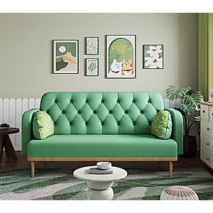 SZLIZCCC 55" Velvet Sofa Chair, Modern Low-Key Luxury Loveseat Sofa, Armrests and Pillows with Branch Jacquard Pattern, Golden Metal Legs (PU Green)