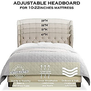 Rosevera Benicia Bed Frame,Platform Bed Frame with Signature Design Adjustable Headboard,Fabric Upholstered with Button Tufted Bed for Bedroom,Wood Slat Support,Eesy Assembly,King,Textile Beige