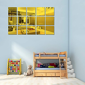 15 Pieces 6in Square Acrylic Mirror Sticker Sheet, Self Adhesive Golden Mirror Wall Decor, Removable Wall Stickers for Bathroom Living Room Bedroom Decal (Gold)