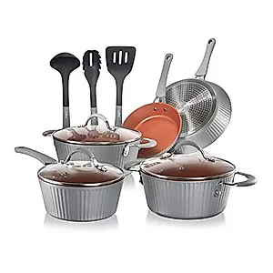 NutriChef Nonstick Cookware Excilon |Home Kitchen Ware Pots & Pan Set with Saucepan, Frying Pans, Cooking Pots, Lids, Utensil PTFE/PFOA/PFOS Free, 11 Pcs, Gray