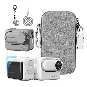 LEWOTE Accessories Kit Compatible with Insta360 GO 3 [Silicone Camera Case Cover and Lens Cap][2Pcs 3D Screen Protector Film][Carrying Case Bag with Auto Locking Carabiner and Anti-loss Lock] (Gray)
