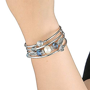 PEARL&CLUB Bead Crystal Wrap Bangle Bracelet - Fashion Jewelry Beaded Bracelet with Silver Metal, Gifts for Women(92-Blue)