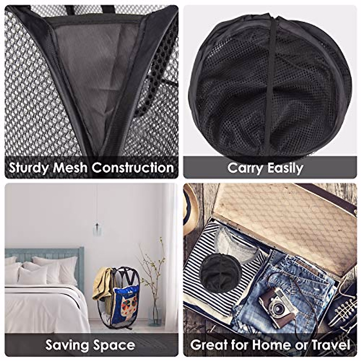 Pop-up Laundry Hamper, Folding Mesh Laundry Basket with Durable Handles, Collapsible Clothes Hampers for Kids Room, College Dorm, Travel