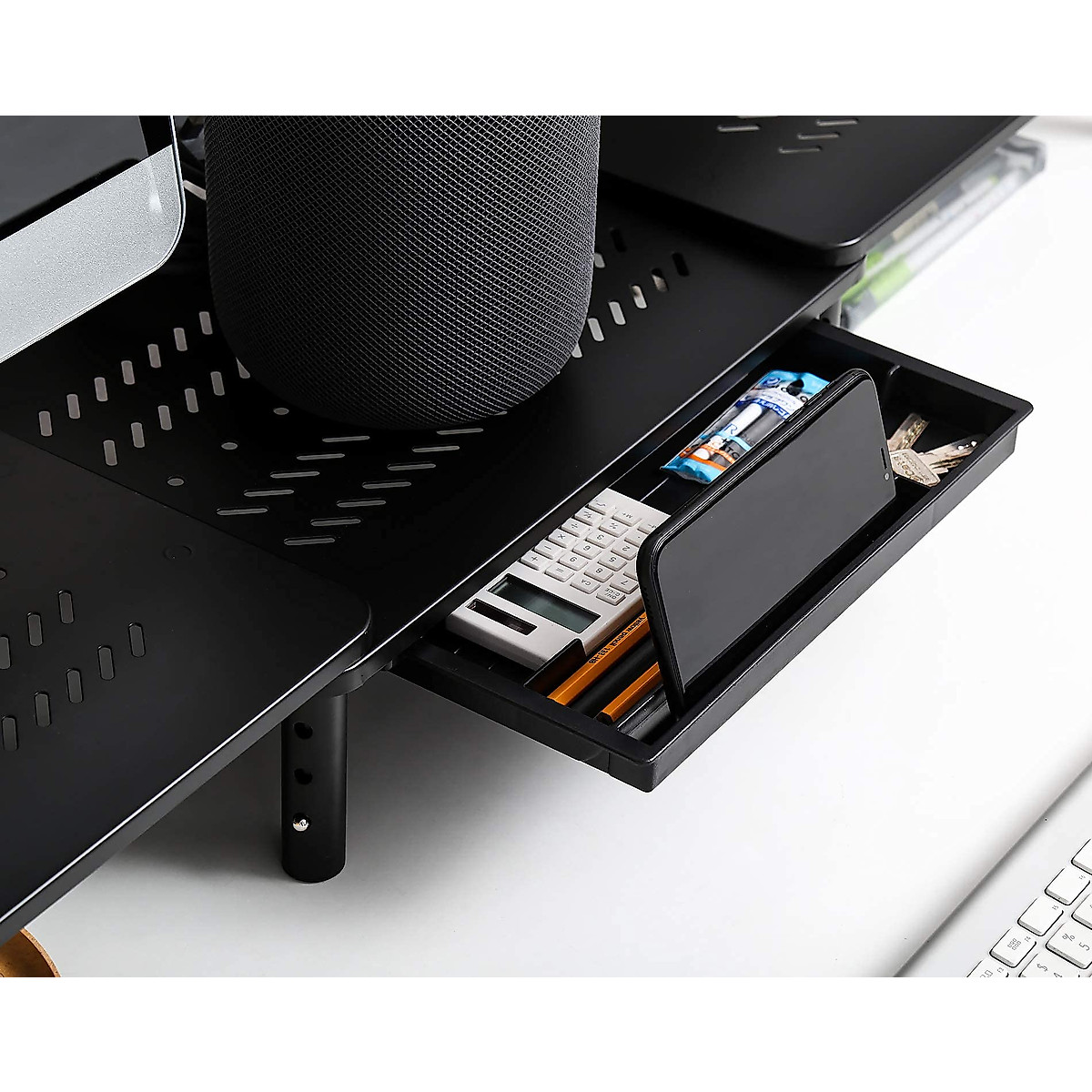 FITUEYES 3 Shelf Monitor Stand with Drawer - Adjustable Computer Monitor Riser, Metal Desktop Stand with Vented, PC Cellphone Cable Management, Office Organization, Black, DT115903MB
