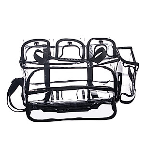 Wide Open Large Professional Clear PVC Travel Makeup Artist Set Bag Cosmetic Nails Beauty Bag Transparent Vinyl Tool Organizer Work Bag Beach Bag Diaper Bag with 6 External Pockets & Strap (Black)